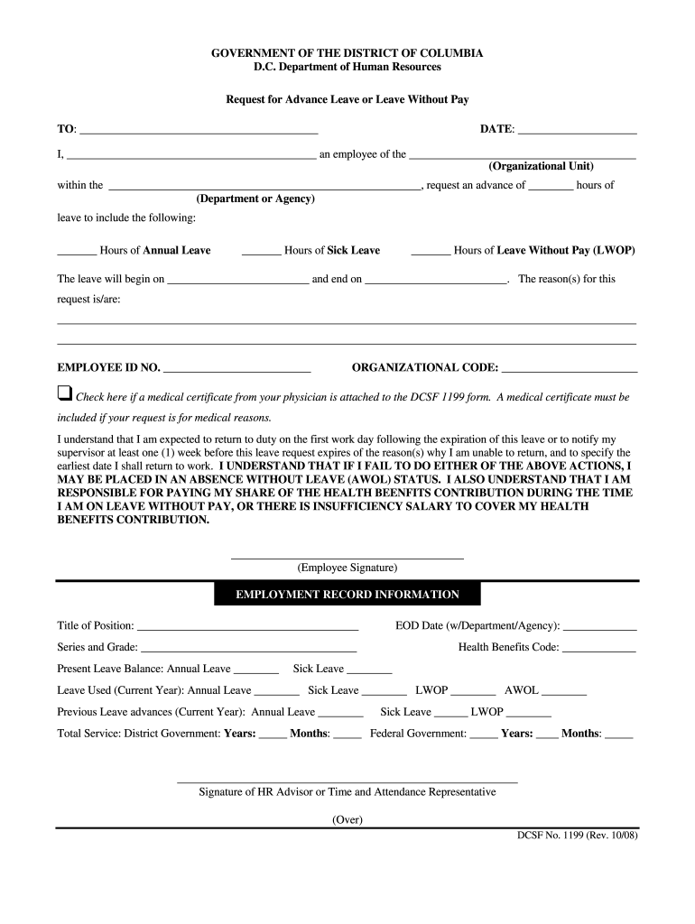 D.C. Advance Leave or Leave Without Pay Request - Blank Fillable ...