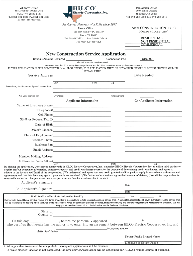Fillable Online HILCO Electric Cooperative, Inc. Electric Service ...