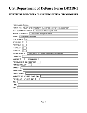 Fillable Online U.S. Department of Defense Form DD218-1. TELEPHONE ...