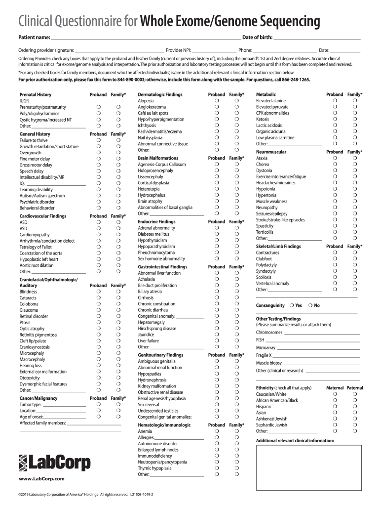 Fillable Online Clinical Questionnaire for Whole Exome/Genome ... - LabCorp Fax Email Print ...