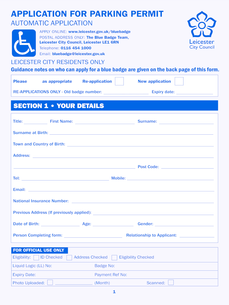 Fillable Online Discretionary Blue Badge form - Leicester City Council Fax Email Print - pdfFiller