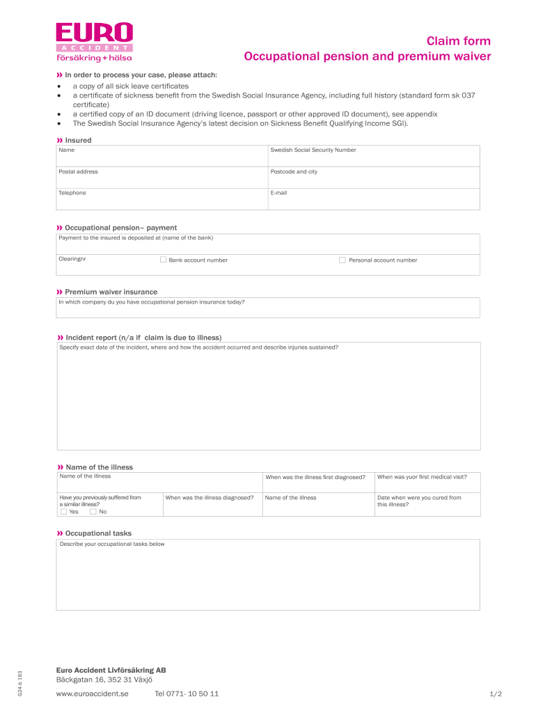 Fillable Online Claim form Occupational pension and premium waiver Fax ...
