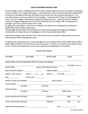 Fillable Online CORI & FINGERPRINT RELEASE FORM Fax Email Print - pdfFiller