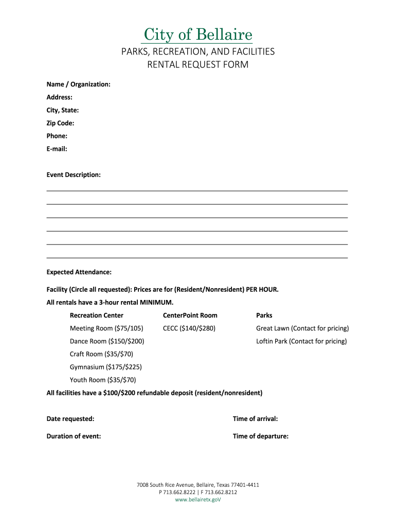 Fillable Online PARKS, RECREATION, AND FACILITIES RENTAL REQUEST FORM ...
