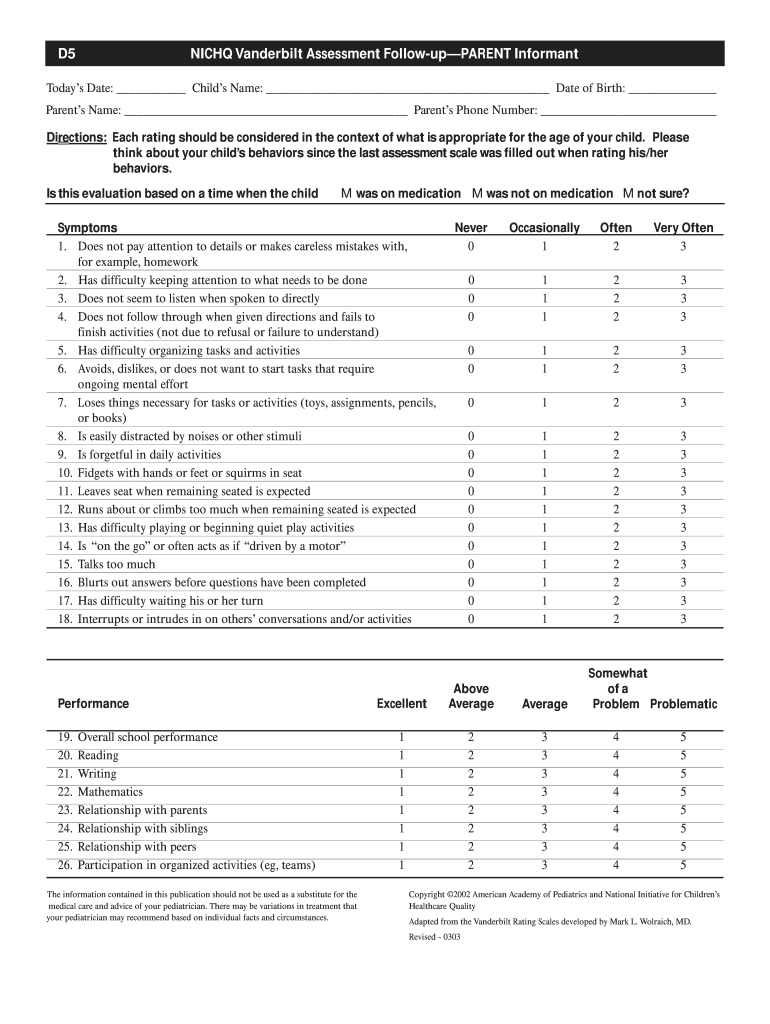 Fillable Online D5 NICHQ Vanderbilt Assessment Follow-up PARENT ...