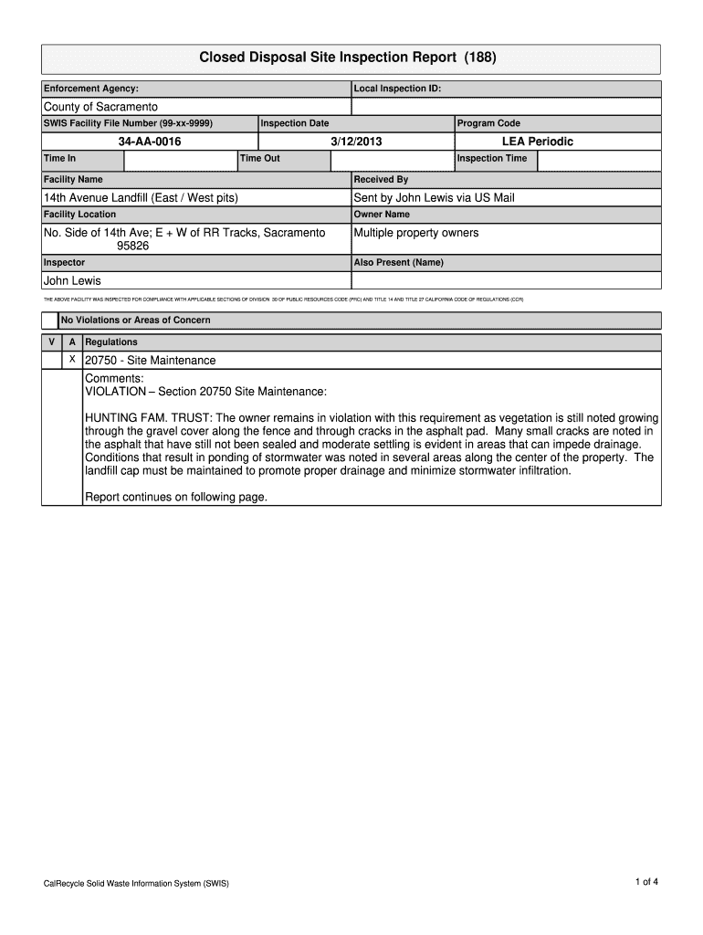 Fillable Online Disposal Facility Inspection Report (52) - City of San ...