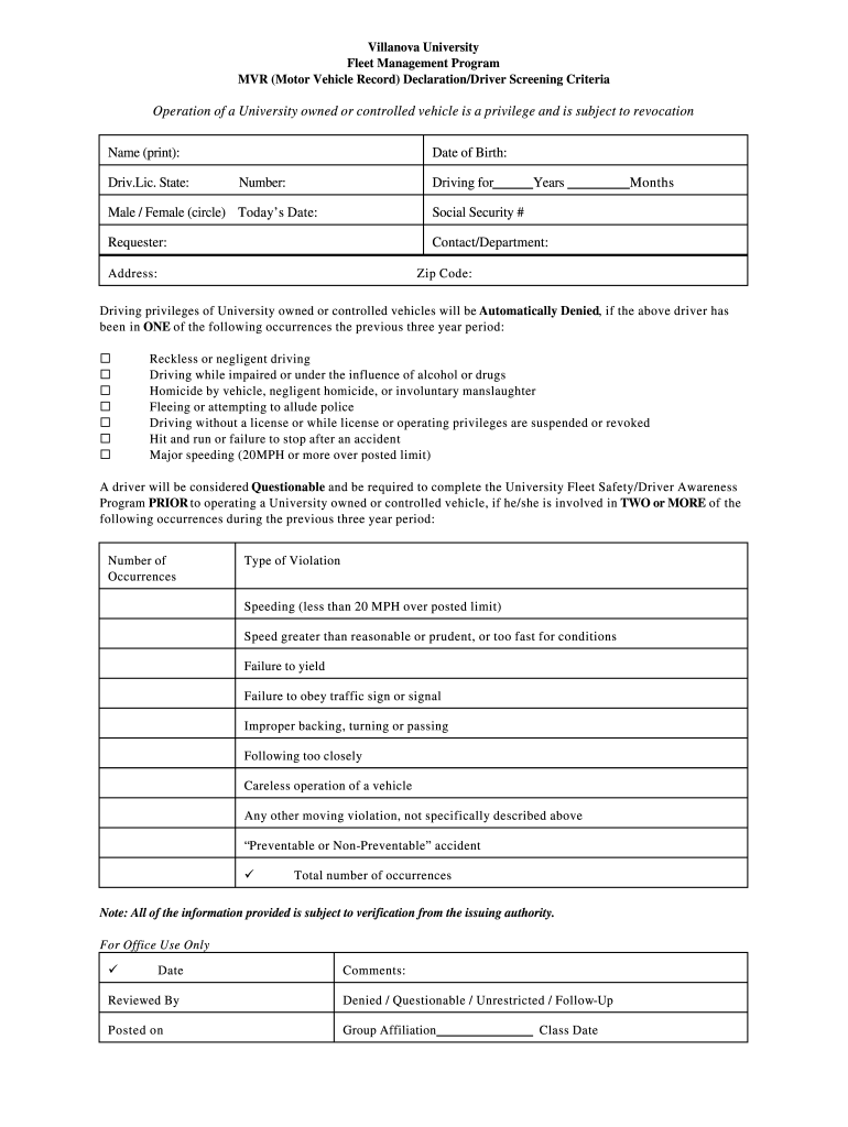 Fillable Online MVR (Motor Vehicle Record) Declaration/Driver Screening ...