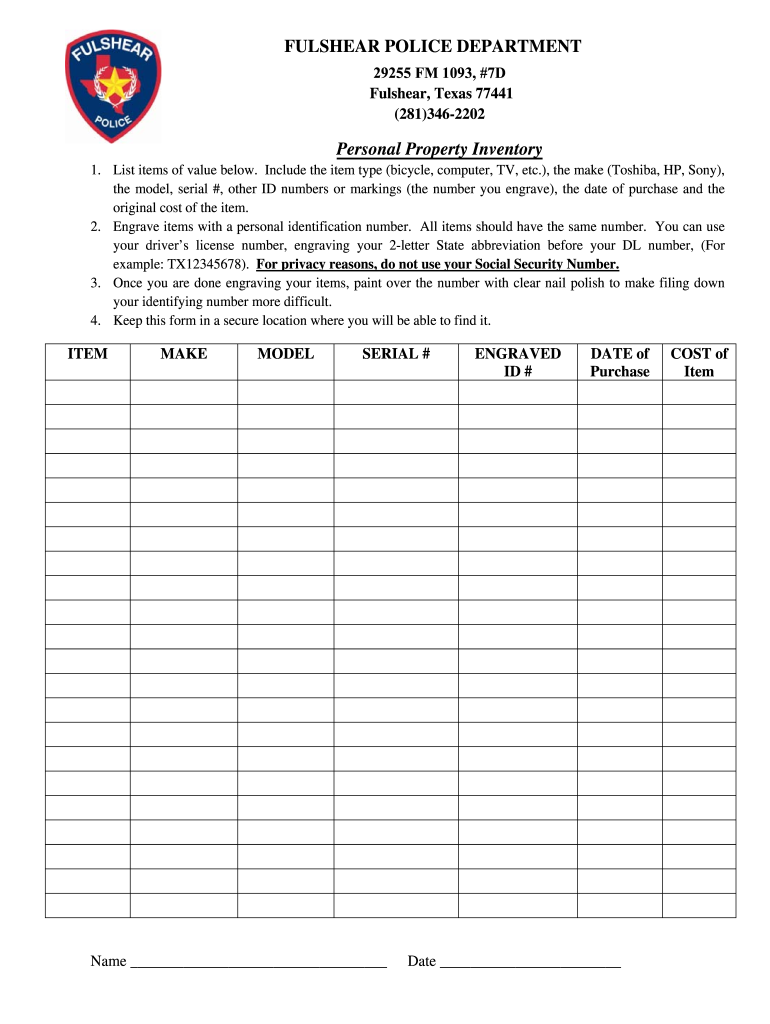 Fillable Online FULSHEAR POLICE DEPARTMENT Personal Property Inventory ...