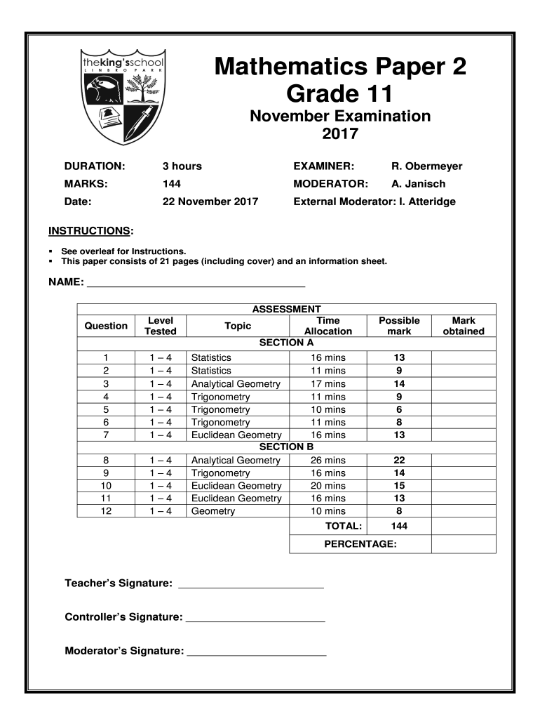Fillable Online Mathematics Paper 2 Grade 11 - St Stithians College Fax ...