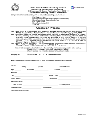Fillable Online IB Diploma or IB Course Application Form 2018-19 Fax ...