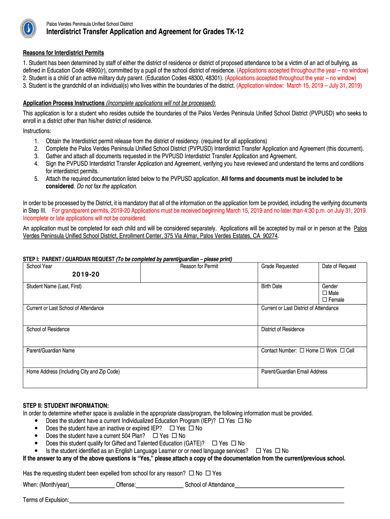 Fillable Online Interdistrict Transfer Application and Agreement for ...