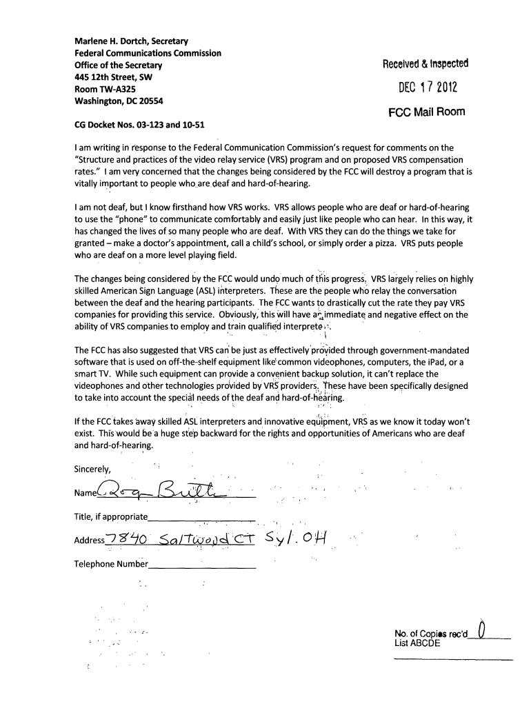 Fillable Online VIA ELECTRONIC FILING Marlene H. Dortch, Secretary ...