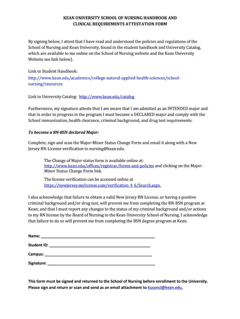 Fillable Online School of Nursing Attestation Form - Kean University ...