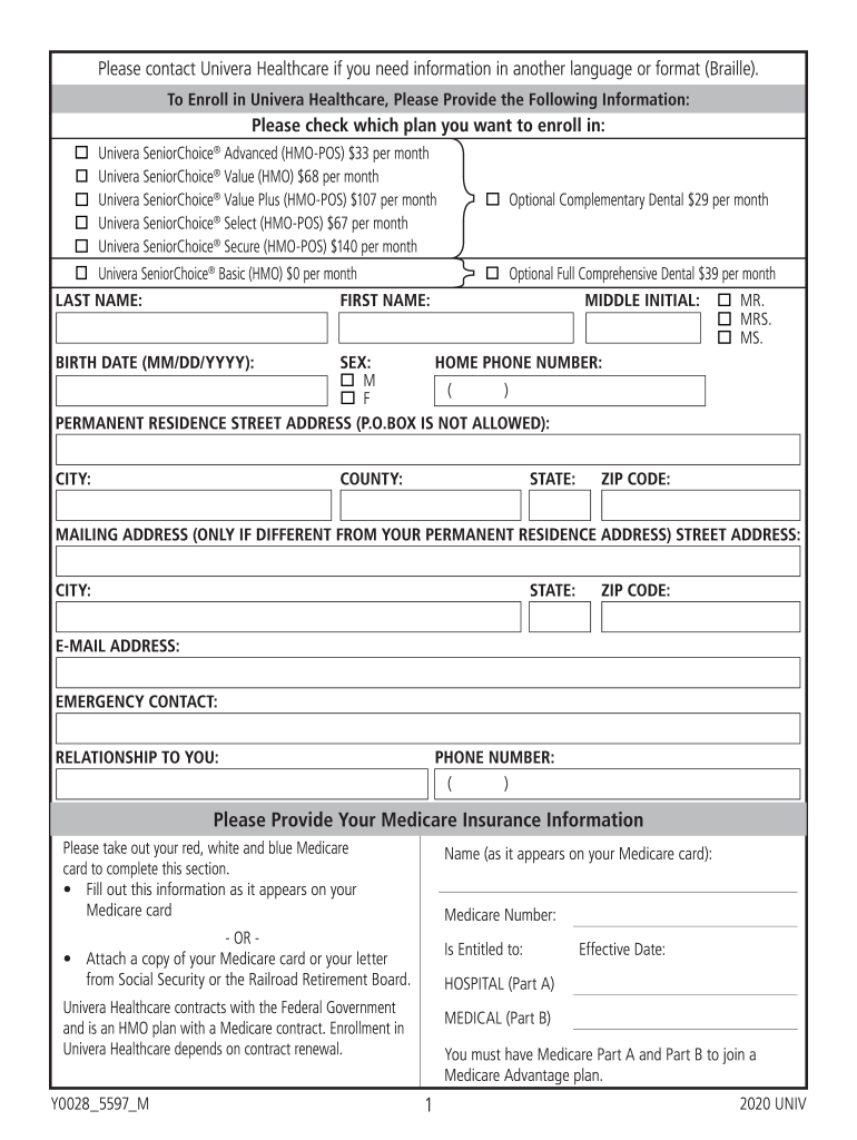 Fillable Online 2020 Univera Healthcare Medicare Individual Enrollment ...