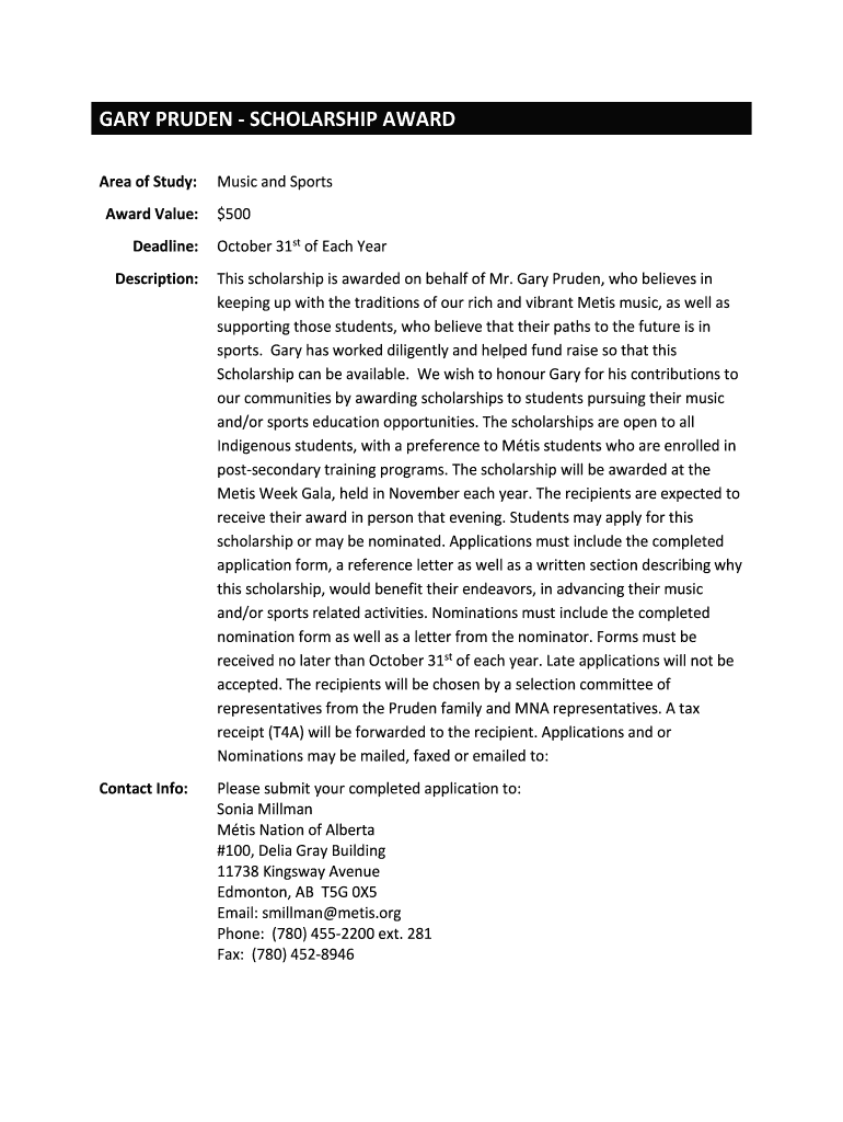 Fillable Online gary pruden - scholarship award - Mtis Nation of ...