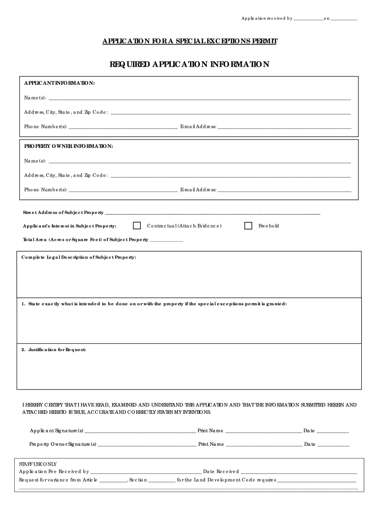 Fillable Online APPLICATION FOR REQUEST FOR SPECIAL EXCEPTIONS PERMIT Fax Email Print - pdfFiller