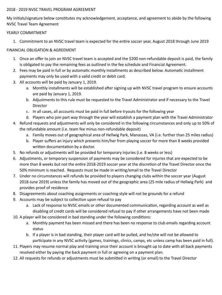 Fillable Online 2018 - 2019 NVSC TRAVEL PROGRAM AGREEMENT Fax Email ...