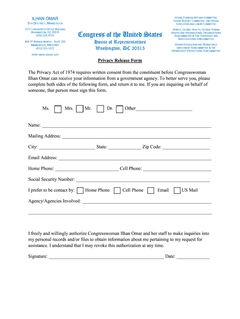 Fillable Online privacy release form - Representative Ilhan Omar ...