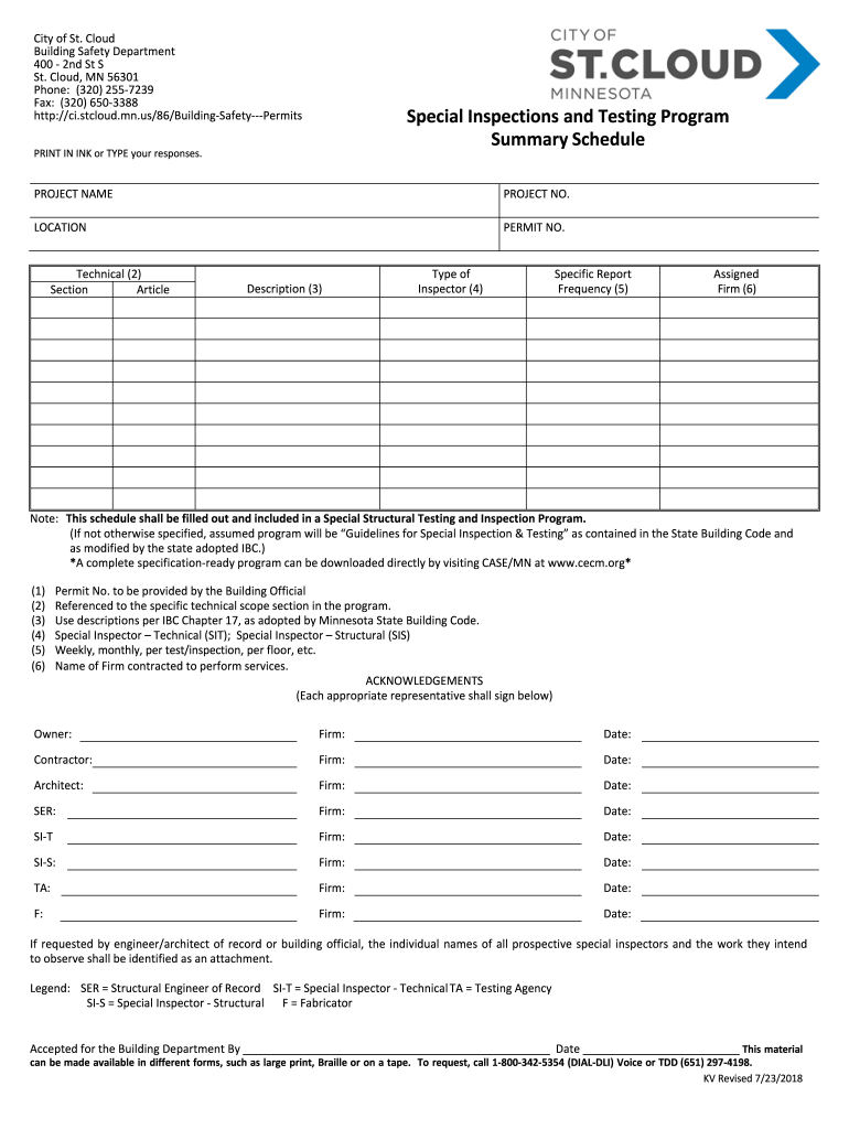 Fillable Online Blank Special Inspection Form - City of St. Cloud, MN ...