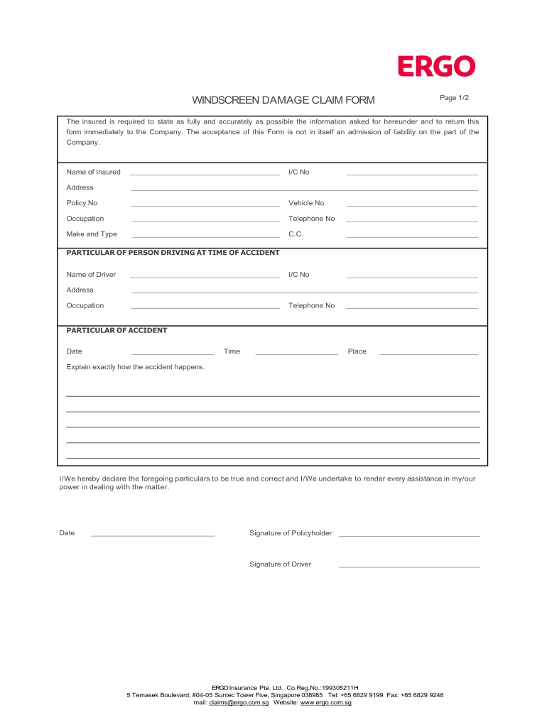 Fillable Online windscreen damage claim form - ERGO Insurance Pte. Ltd ...