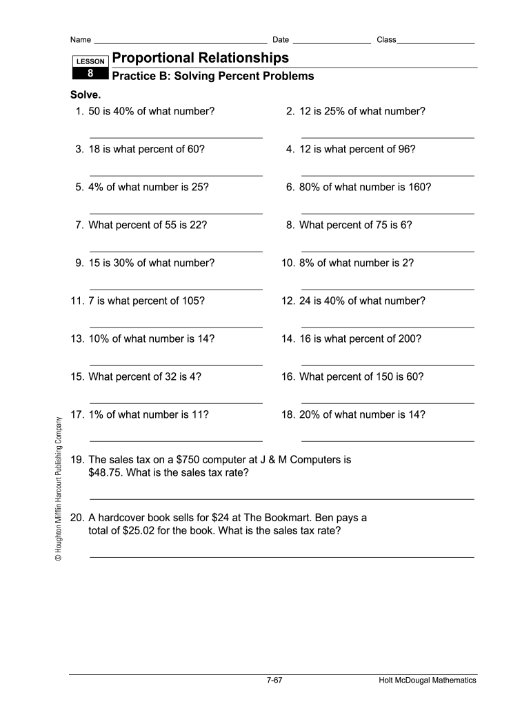 Fillable Online LESSON Proportional Relationships 8 Practice B: Solving ... Fax Email Print ...
