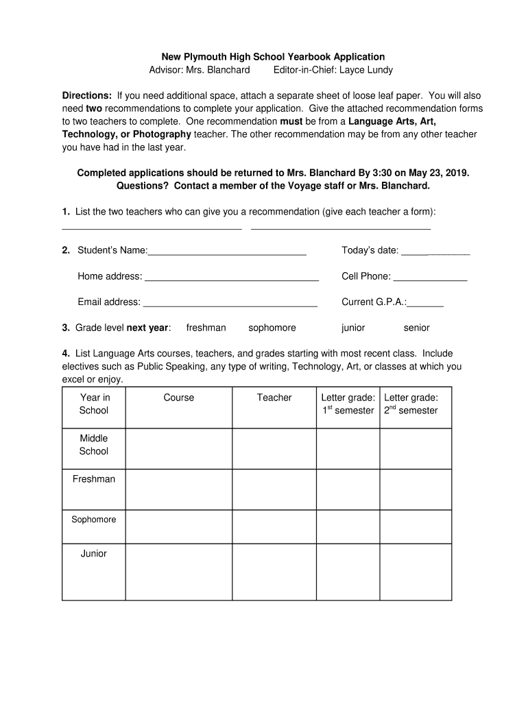 Fillable Online New Plymouth High School Yearbook Application ...