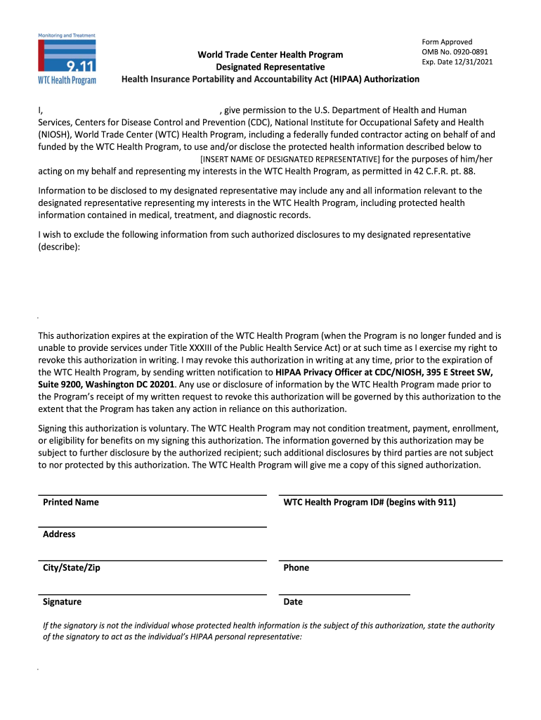 Fillable Online WTCHP Designated Representative HIPAA Form - Fillable ...