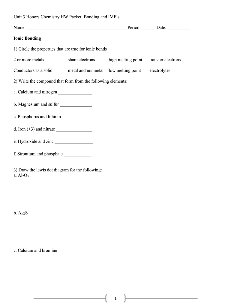 Fillable Online Unit 3 Honors Chemistry HW Packet: Bonding and IMFs Fax ...