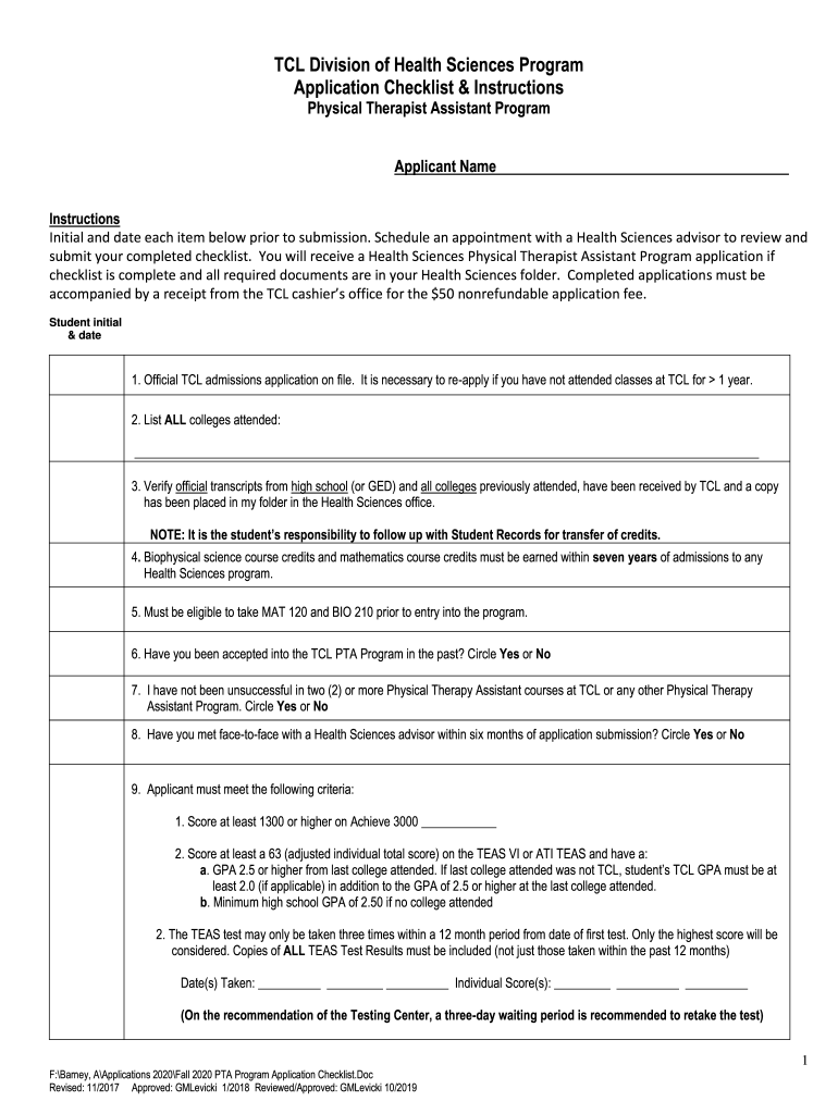 Fillable Online Physical Therapy Assistant Program Application ...