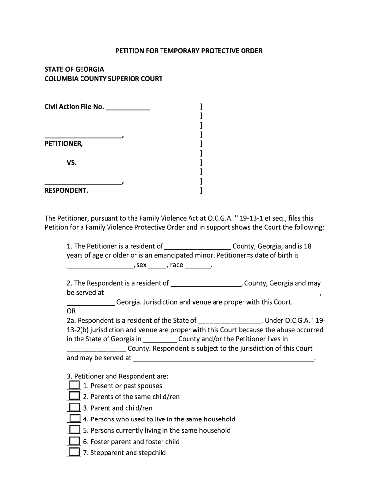 Fillable Online PETITION FOR TEMPORARY PROTECTIVE ORDER - Georgia Clerk ...