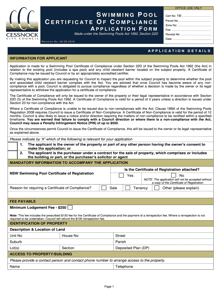Fillable Online Swimming Pool Certificate of Compliance - Cessnock City ...
