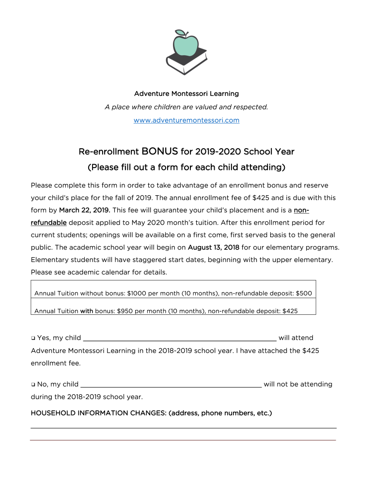 Fillable Online Re-enrollment BONUS (Please fill out a form for each ...