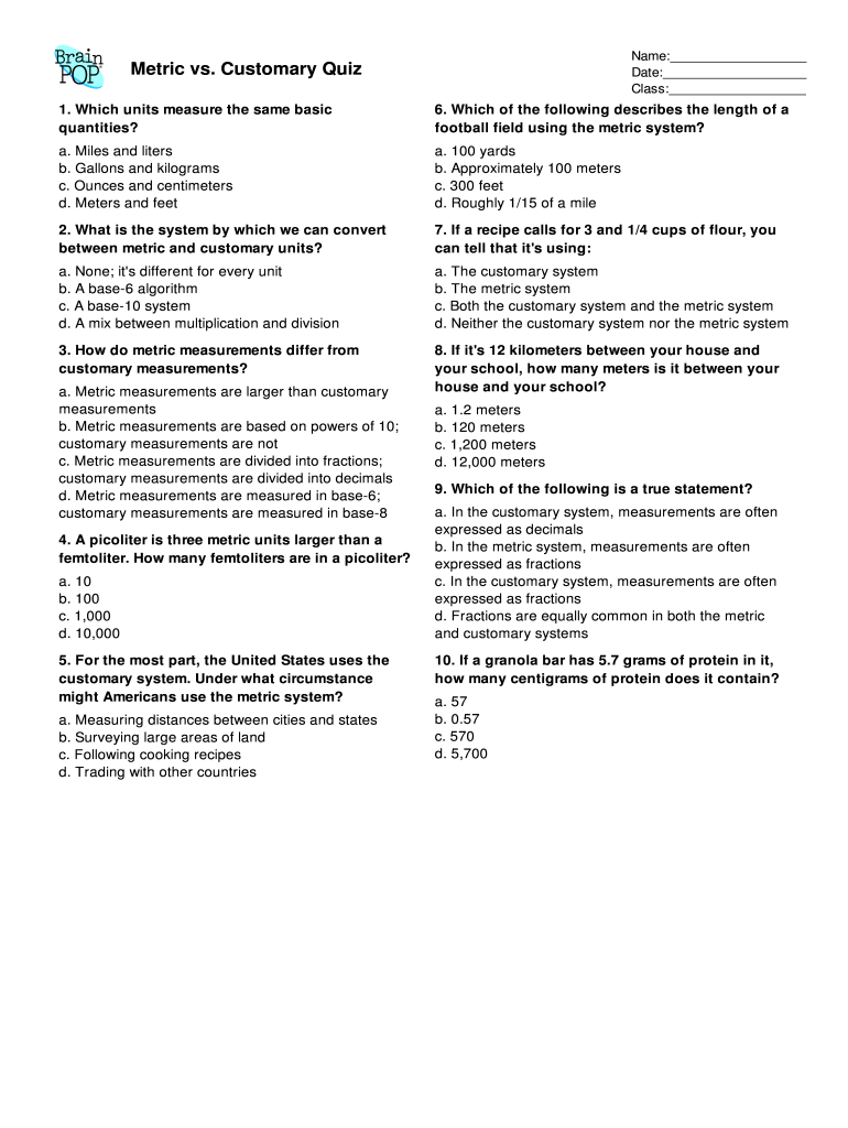 Fillable Online Numbers and Operations - Metric vs. Customary Fax Email ...