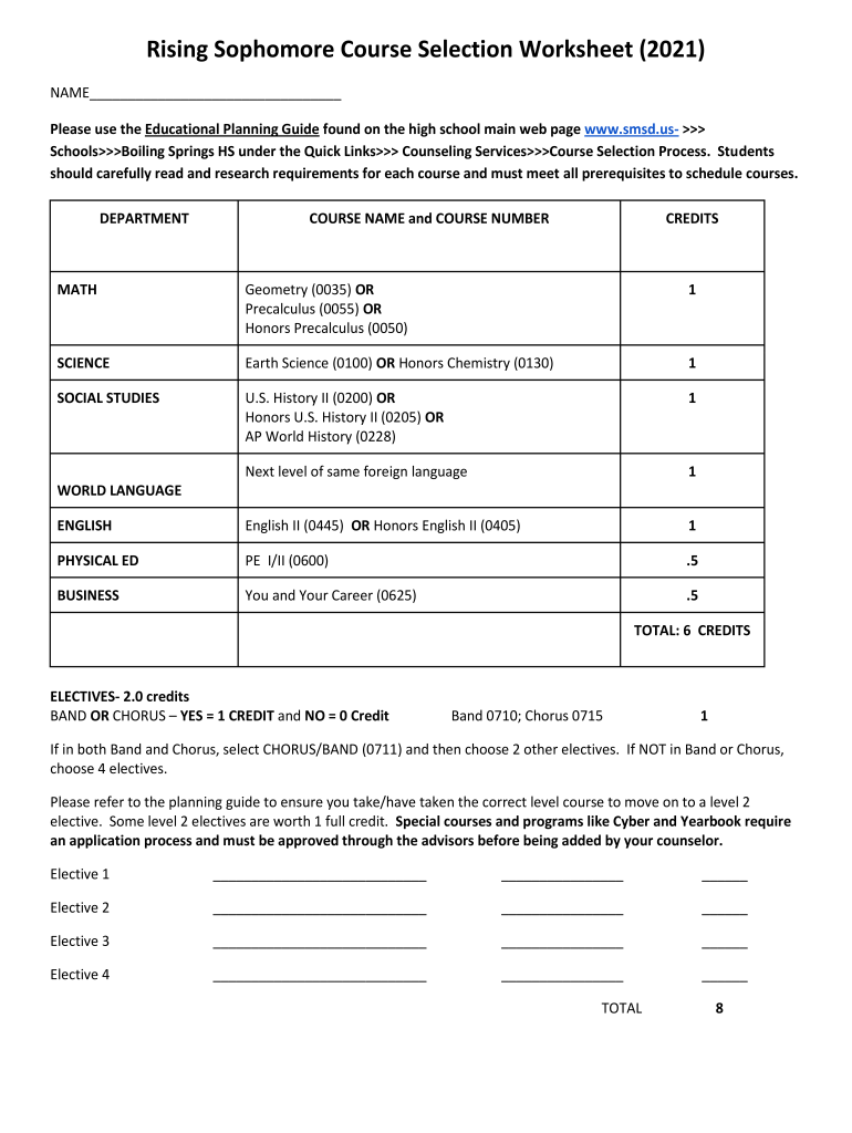 Fillable Online Rising Sophomore Course Selection Worksheet (2021) Fax Email Print - pdfFiller