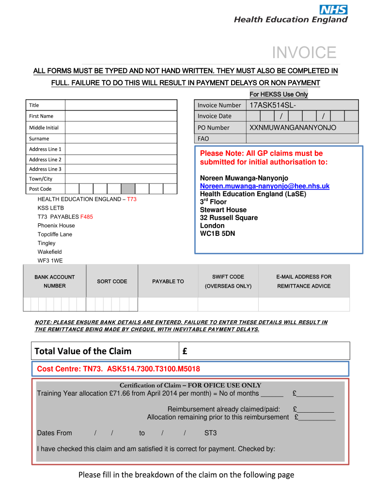 Fillable Online INVOICE - ksseducation.hee.nhs.uk Fax Email Print ...