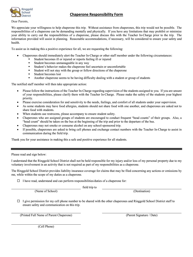 Fillable Online Chaperone Responsibility Form - Ringgold School ...