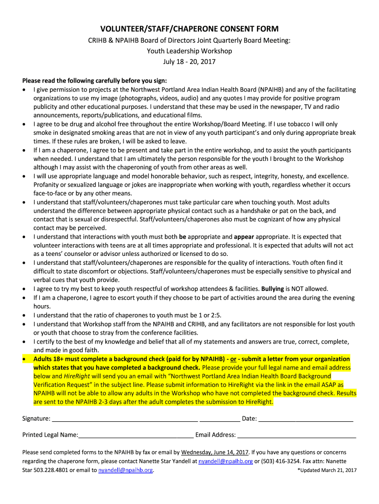 Fillable Online VOLUNTEER/STAFF/CHAPERONE CONSENT FORM Fax Email Print ...
