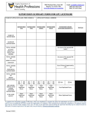 Fillable Online SUPERVISION SUMMARY FORM FOR LPC LICENSURE Fax Email ...