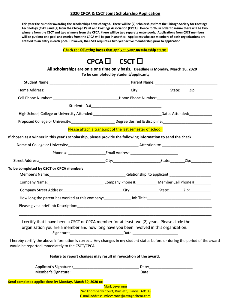 Fillable Online 2020 CPCA & CSCT Joint Scholarship Application All ...
