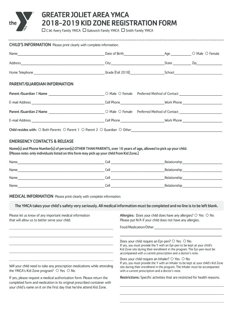 Fillable Online 2018-2019 KID ZONE REGISTRATION FORM Fax Email Print ...