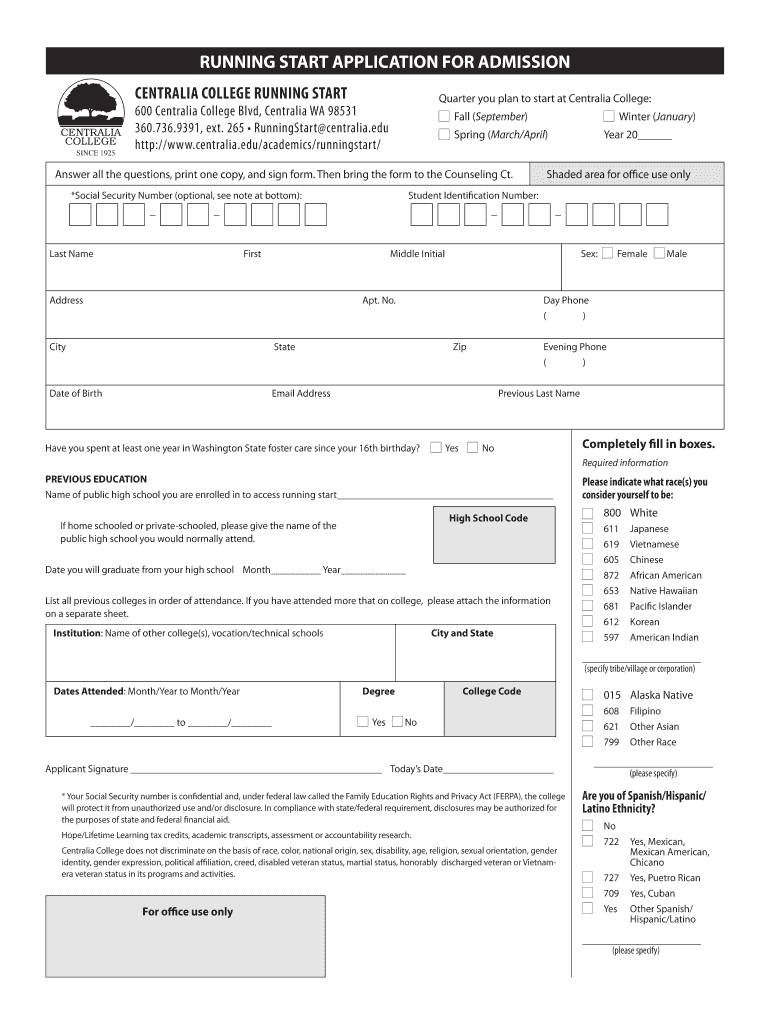 Fillable Online centralia Running start application for admission ...