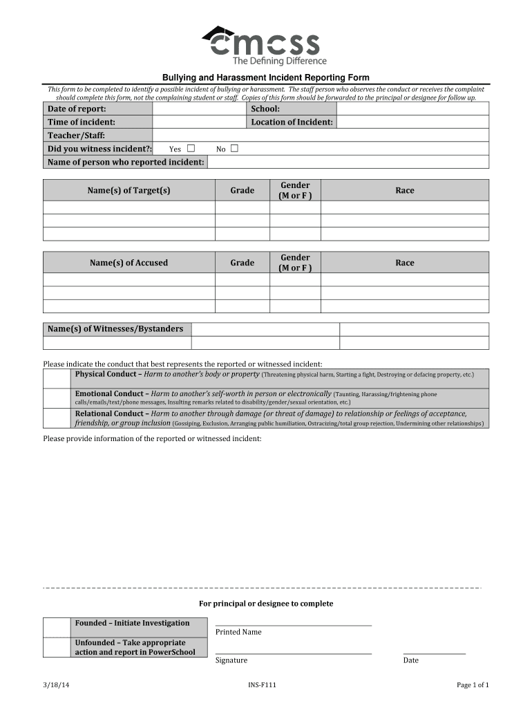 Fillable Online Bullying and Harassment Incident Reporting Form Date of ...