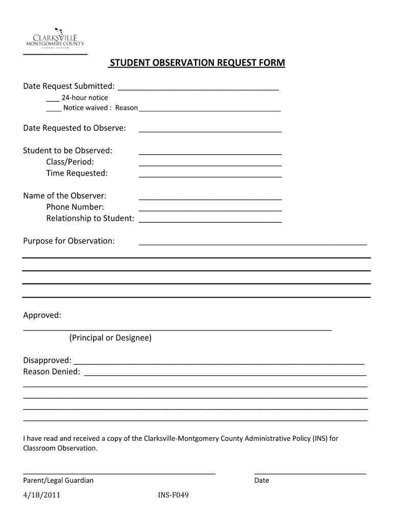 Fillable Online Student observation request form - Clarksville ...