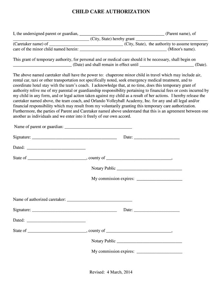 Fillable Online Child care authorization form - Orlando Volleyball ...