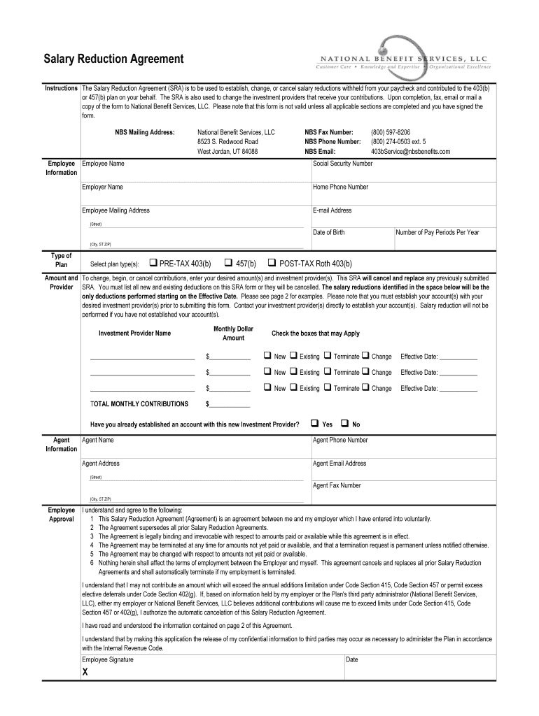 Fillable Online unionps Salary Reduction Agreement (SRA) - Union Public Schools - unionps Fax ...