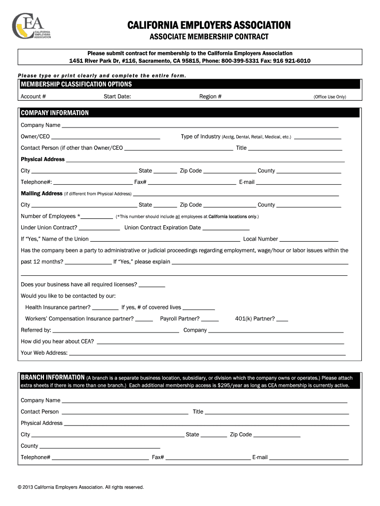 Fillable Online employers Please submit contract for membership to the California Employers ...