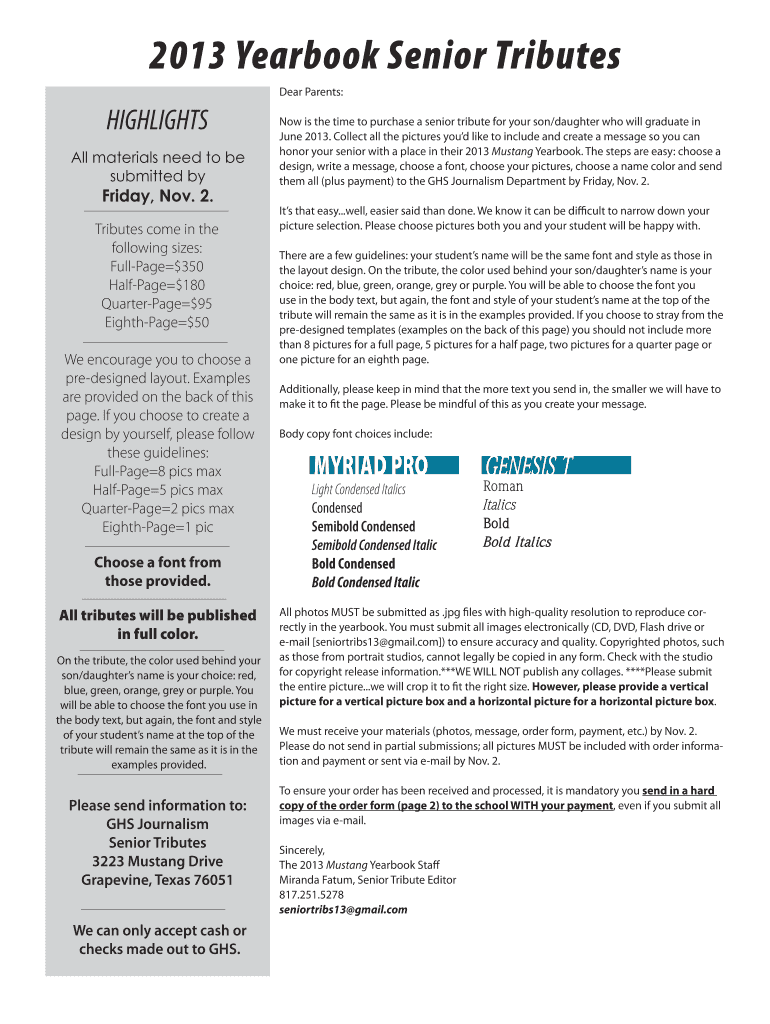 Fillable Online gcisd-k12 2013 Yearbook Senior Tributes Dear Parents ...