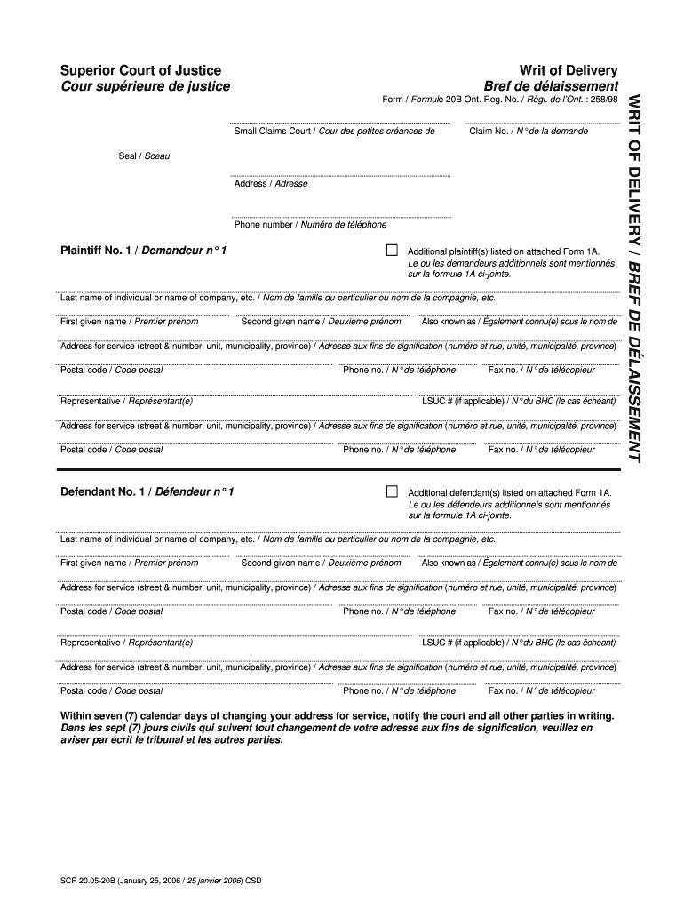Fillable Online ontariocourtforms on Form 20B Writ of Delivery ...