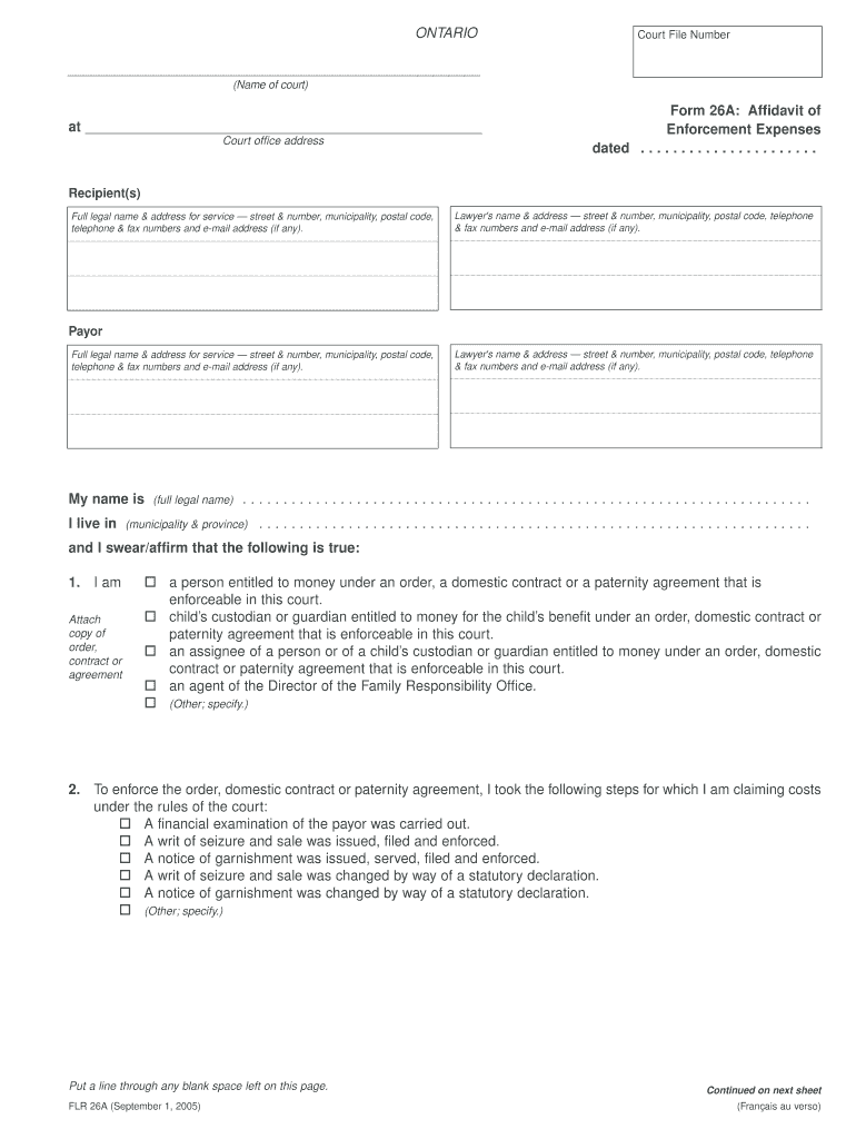 Fillable Online ontariocourtforms on Form 26A: Affidavit of Enforcement ...