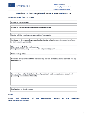 Fillable Online Erasmus HE Learning agreement traineeships - after ...